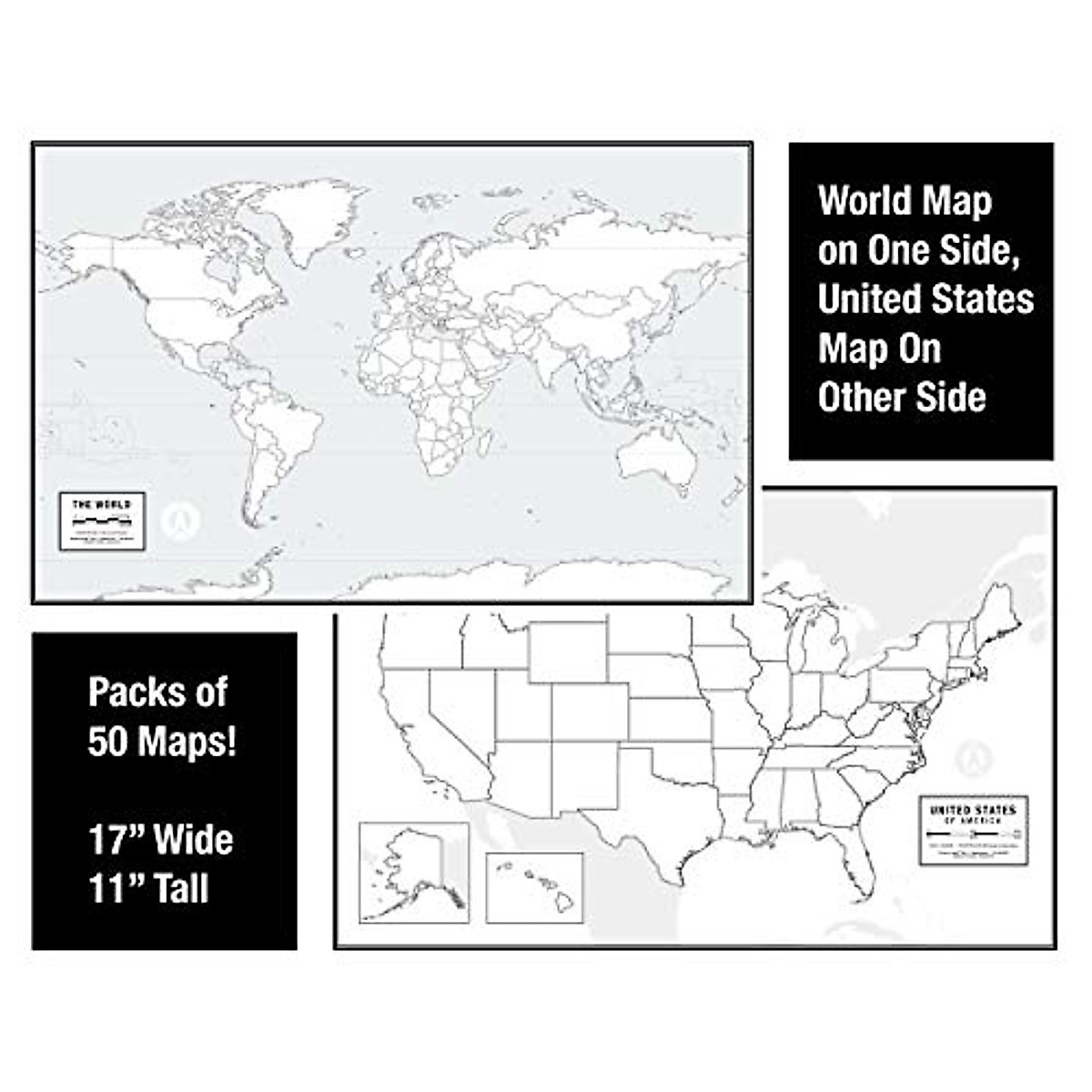 Educational Blank Outline Maps, 2-Sided World & US, 17” x 11”, 50-Pack | Great Blank Map Worksheets for Classroom or Home Study | Laminated Answer Sheet Included | Map Packs are Perfect Desk Size