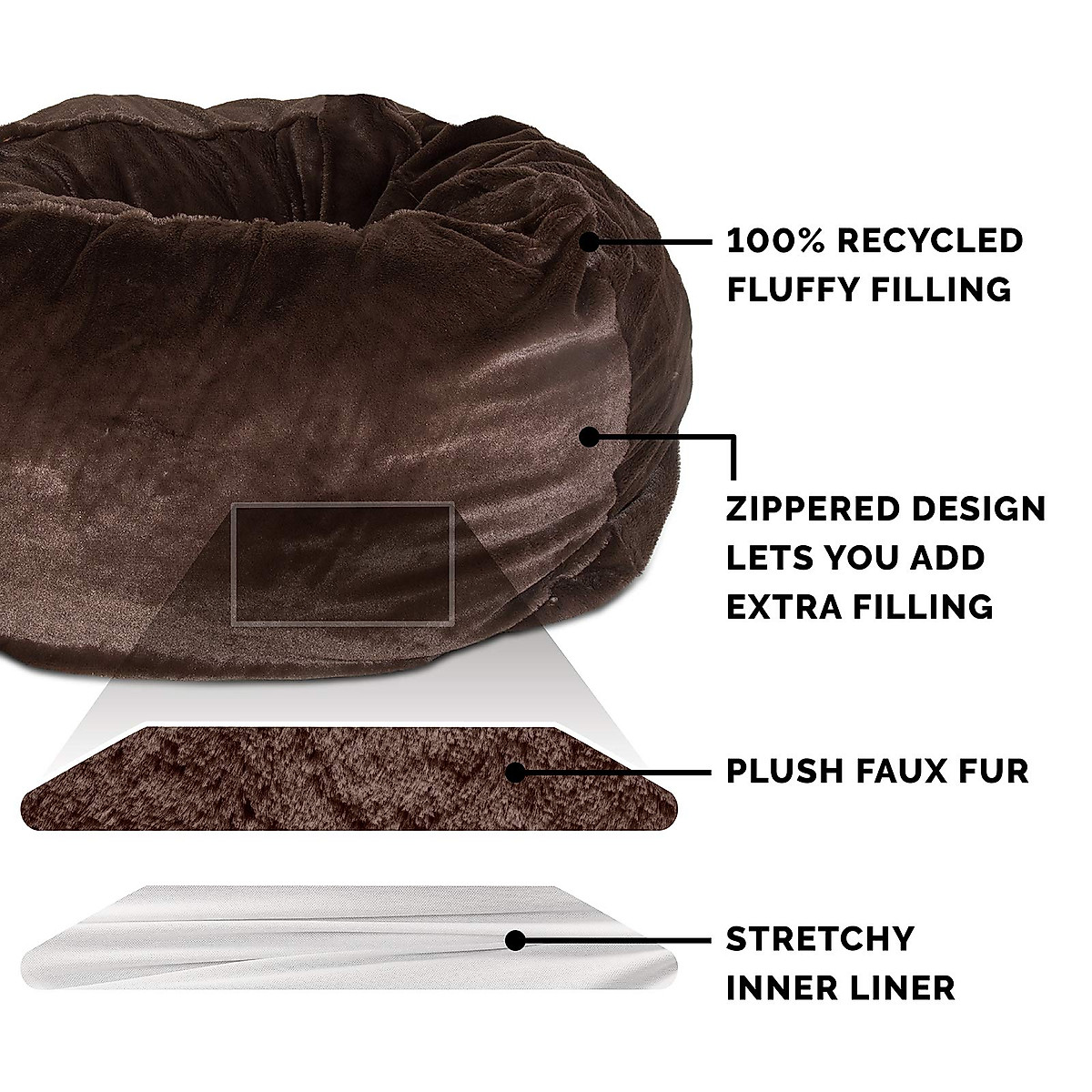 Furhaven Soft & Cozy Dog Bed for Large Dogs, Refillable w/ Removable Washable Cover & Liner, For Dogs Up to 95 lbs - Plush Faux Fur Bean Bag Style Ball Bed - Espresso, XL/Jumbo