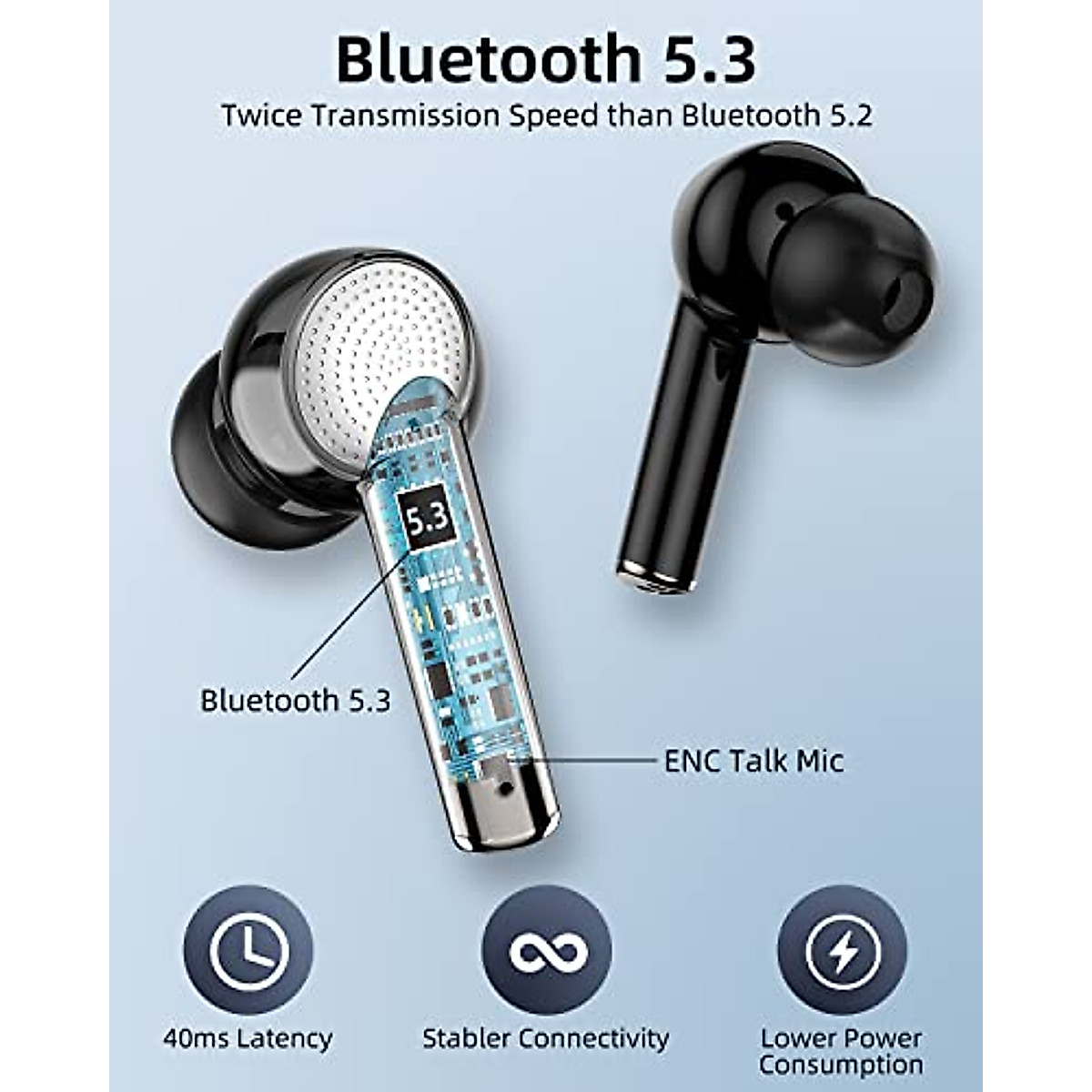 Bluetooth 5.3 Earbuds, HiFi Stereo with 13mm Special Driver, Wireless Headphones in Ear Light-Weight, LED Digital Display, 40H Playtime, IPX7 Waterproof, Bluetooth Earphones 4 Mics for Android iOS
