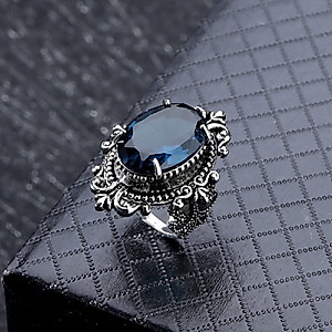 COSJOOHY Vintage Ring 925 Sterling Silver Oval Cushion Cut Gemstone Dark Blue Topaz Ring Statement Ring Navy Gemstone Ring Women Jewelry Elegant Wedding Ring (10)