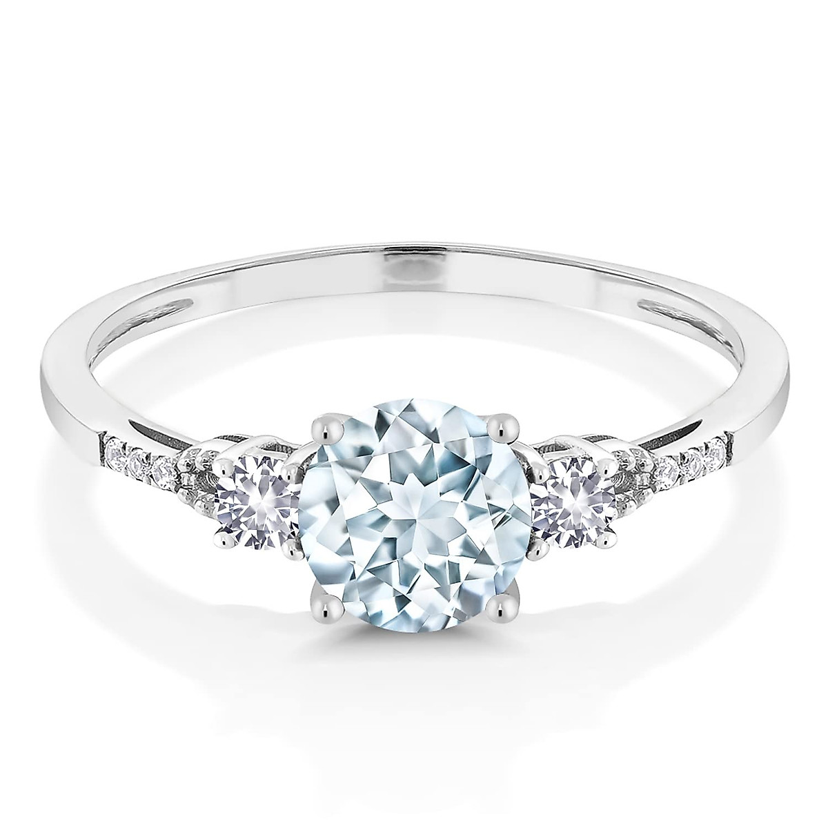 Gem Stone King 10K White Gold Sky Blue Aquamarine White Created Sapphire and White Diamond Accent 3-Stone Engagement Ring For Women | 0.89 Cttw | Round 6MM | Available In Size 5-9.5