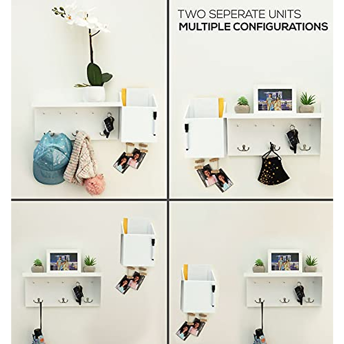 Mail & Key Organizer Wall Mount - With Key Hooks Mail Organizer Holder White Board and Photo Station. Organize and Sort Keys, Letters, and your Agenda with a Wood mounted hanging shelf (White)