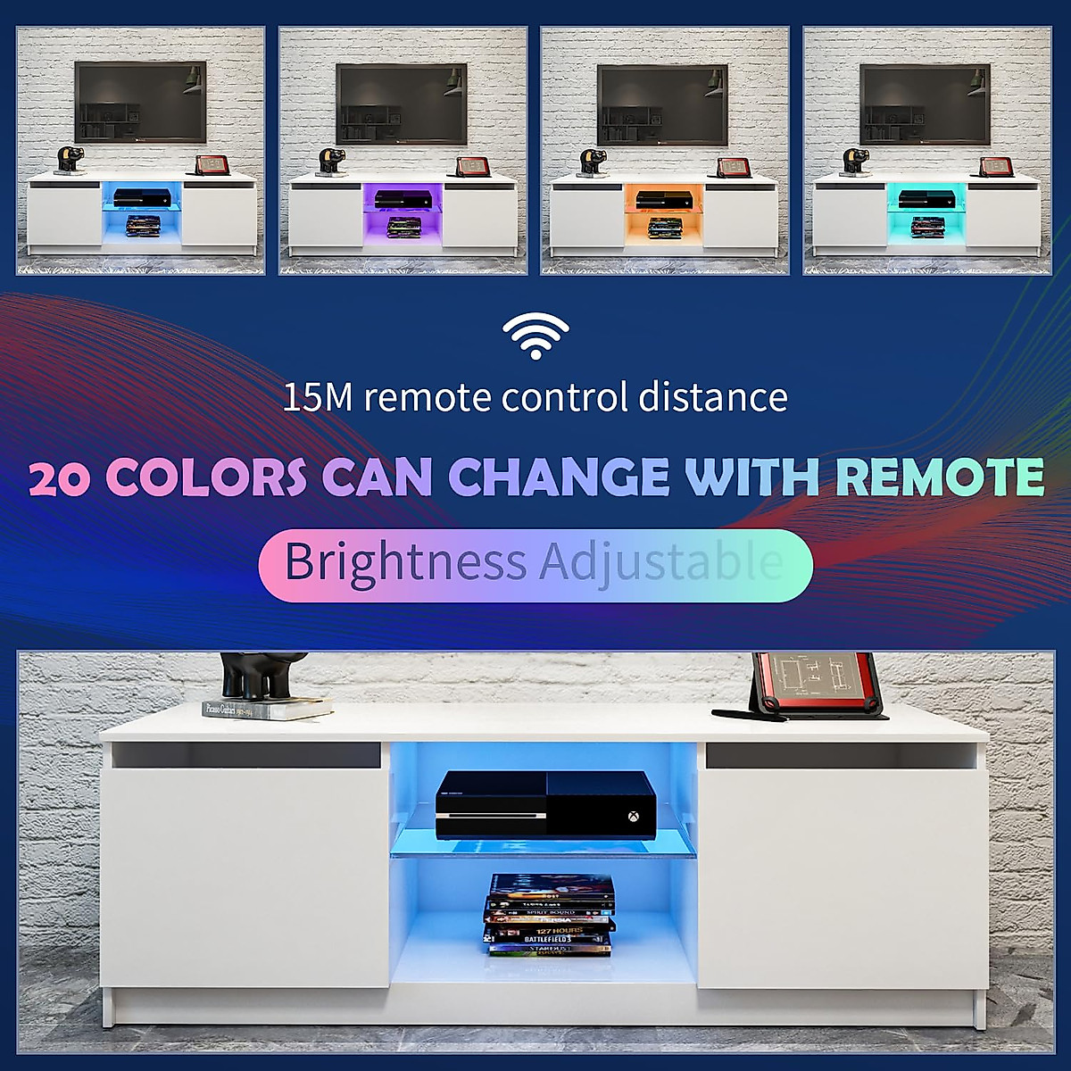 Boloni White TV Stand with LED Light for 55 Inch TV, Modern Entertainment Center Stand with 2 Drawer Storage, Media Console Cabinet with Color-Changing Lighting for Living Room