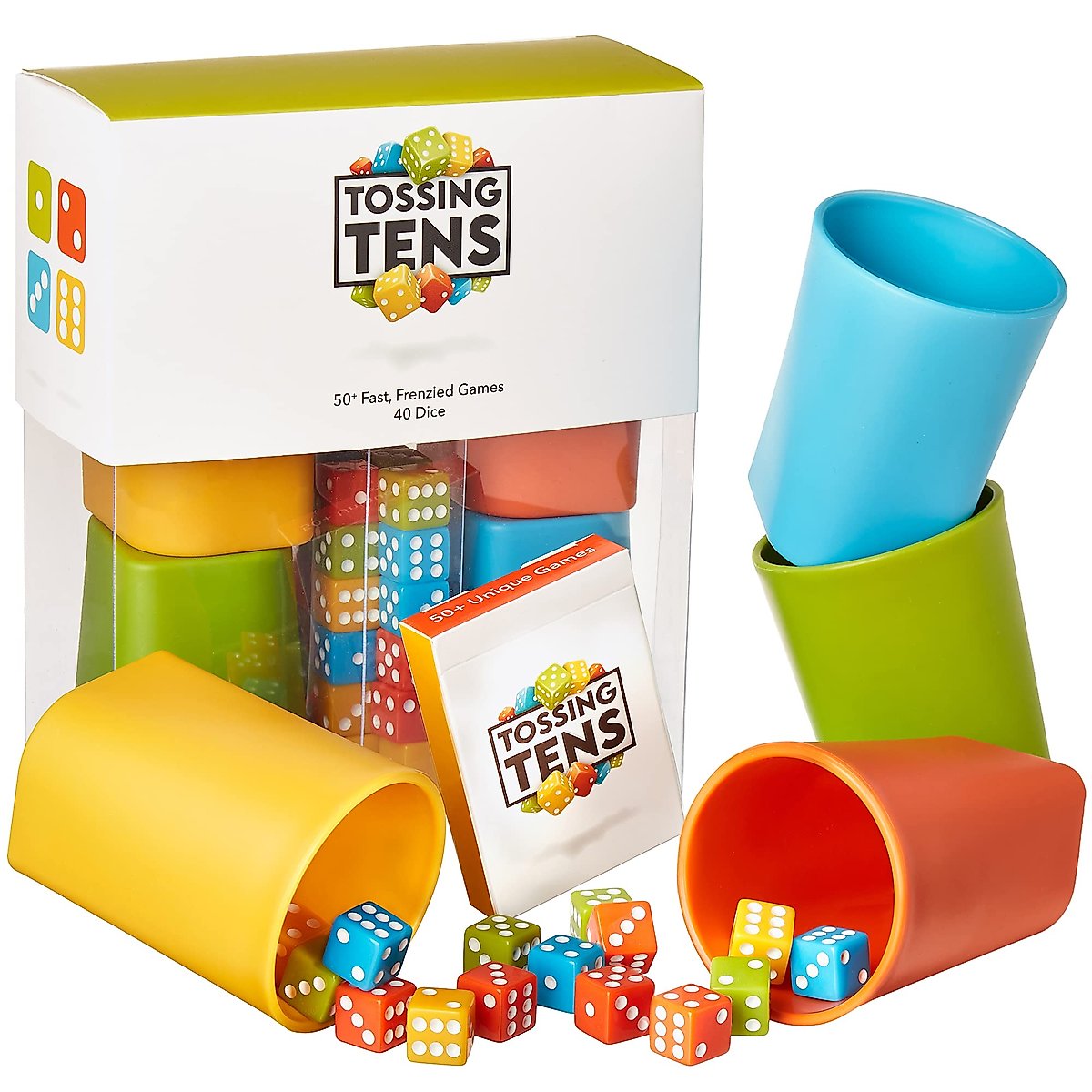 Tossing Tens - 50+ Fast, Frenzied Dice Games and 40 Colorful Dice - Included Deck of Unique Dice-chucking Activities for Game Night, 1-4 Players, Quick Play Time, Math Games (Deluxe w/Dice Cups)