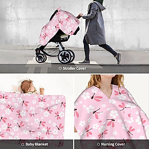 KiuLoam White Flower and Dragonflies On Pink Baby Car Seat Canopy, Nursing Cover for Mom Breastfeeding Scarf, Infant Car Seat Cover/Multiuse Baby Stroller Covers for Babies Boys Girls