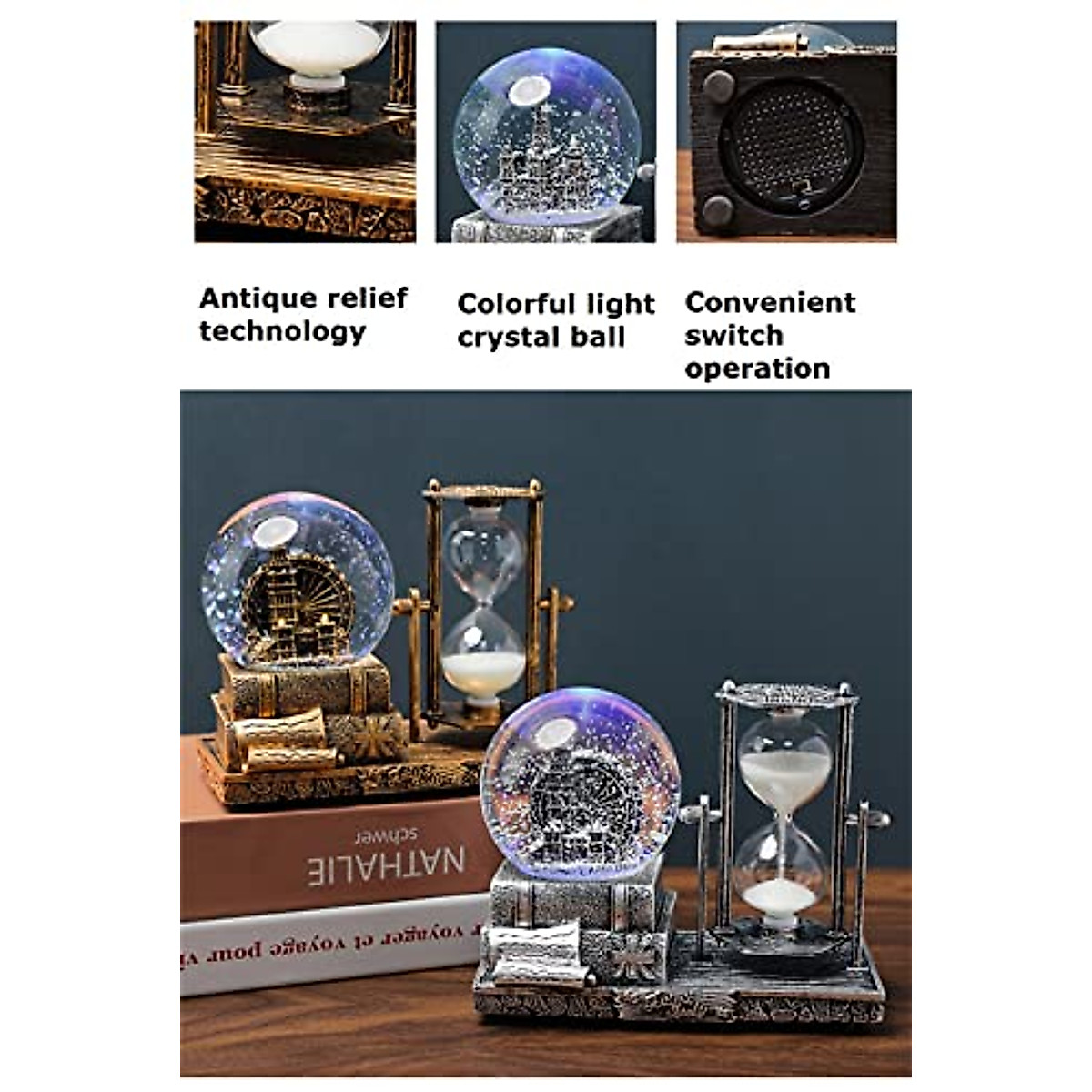 Music Crystal Snow Globe with Hourglass Timer Home Decoration for Living Room Bedroom Book Shelf TV Cabinet Desktop Decor Statue Figurine Table Centerpieces Ornaments (A-Brown)