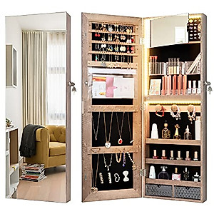 Vlsrka Mirror Jewelry Cabinet with 3 LED Lights, Wall/Door Mounted Jewelry Armoire Organizer with Full Length Mirror Large Capacity Storage Hanging Cabinet, Built-in Lighted & Movable Makeup Mirror