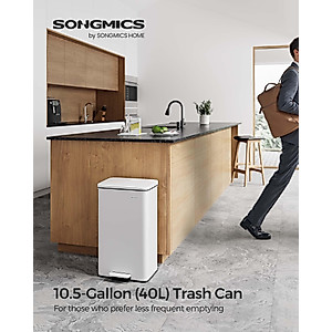 SONGMICS Kitchen Trash Can, 10.5 Gallon (40 L) Garbage Can, Large Step Trash Bin with Lid, Stainless Steel, Soft Close, 15 Trash Bags Included, White ULTB540W40