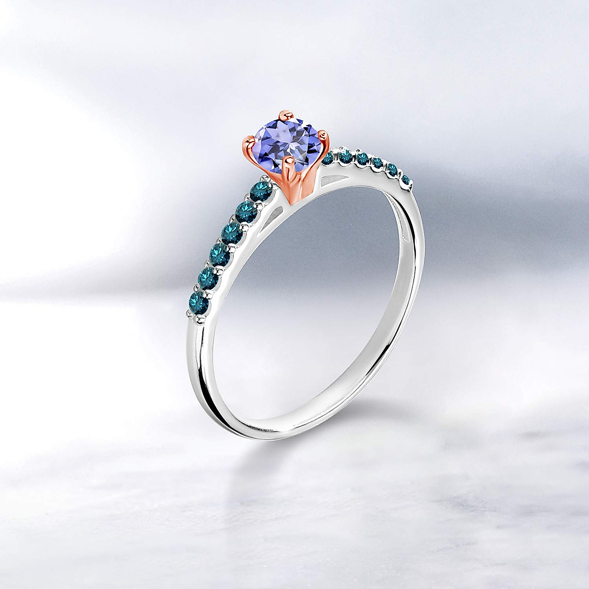 Gem Stone King 0.50 Ct 4mm Round Blue Tanzanite Blue Diamond 925 Silver and 10K Rose Gold Ring (Size 7)