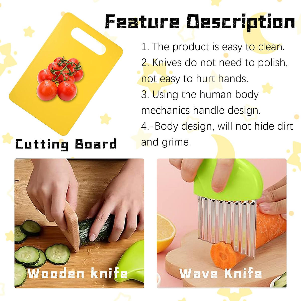28 Pcs Plastic Toy Kitchen Tools Sets for Kids - Safe Knives Set with Cutting Board,Crinkle Serrated Edges/Wooden Cutter, Fruit Vegetable Mold/Peeler, Kids Knifes for Cooking with Protective Clothing