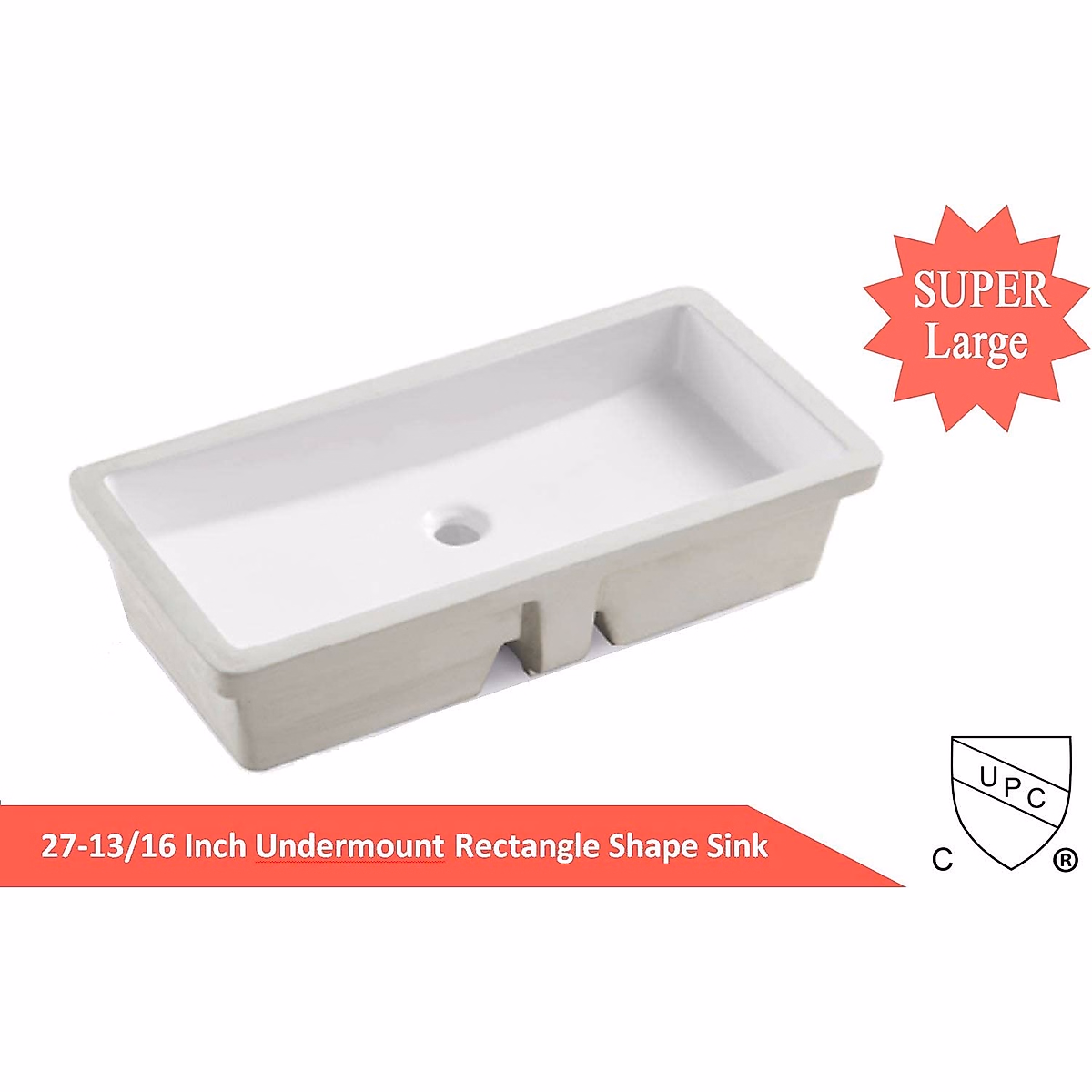 KINGSMAN Rectrangle Undermount Vitreous Ceramic Lavatory Vanity Bathroom Sink Pure White (27.9 Inch with Pop-up Drain)