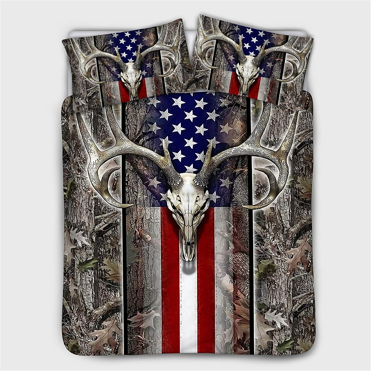 SEANATIVE Quilts Cover Gray Comforter Covers with Pillow Case for Boys Mens American Flag Wood Deer Skull Camo Bedding Set Dormroom Beige Lining Queen Size 88x88inches