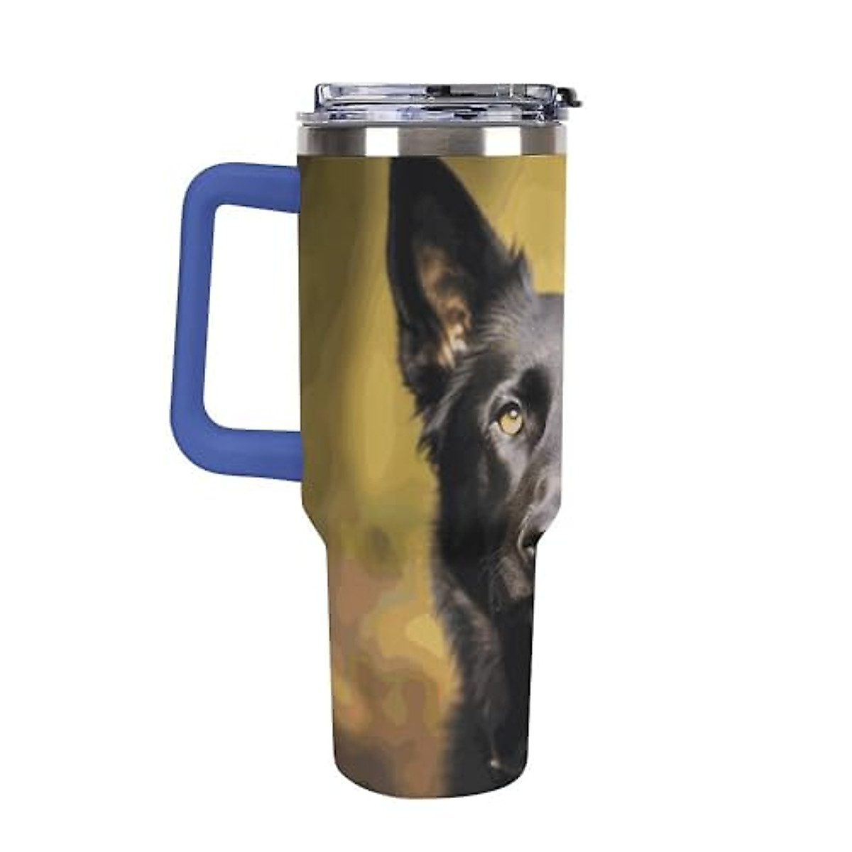 40 Oz Vacuum Tumbler with Deep Blue Handle Leakproof Insulated Tumbler Black German Shepherd Dog Stainless Steel Travel Mug with Lid And Straw Coffee Cup Cute Water Bottles Cup Holder Friendly