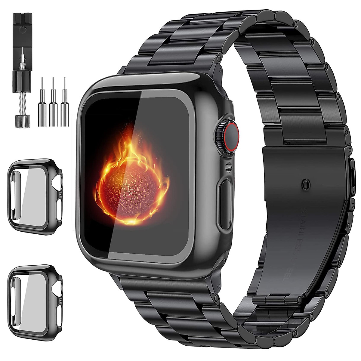 Bekomo Compatible with Apple Watch Band 44mm 45mm 42mm 40mm 38mm 41mm, Stainless Steel Metal XL large iWatch Bands with 2 Pack Tempered Glass Screen Case for Series 8/7/6/5/4/3/2/1/SE for Men Black