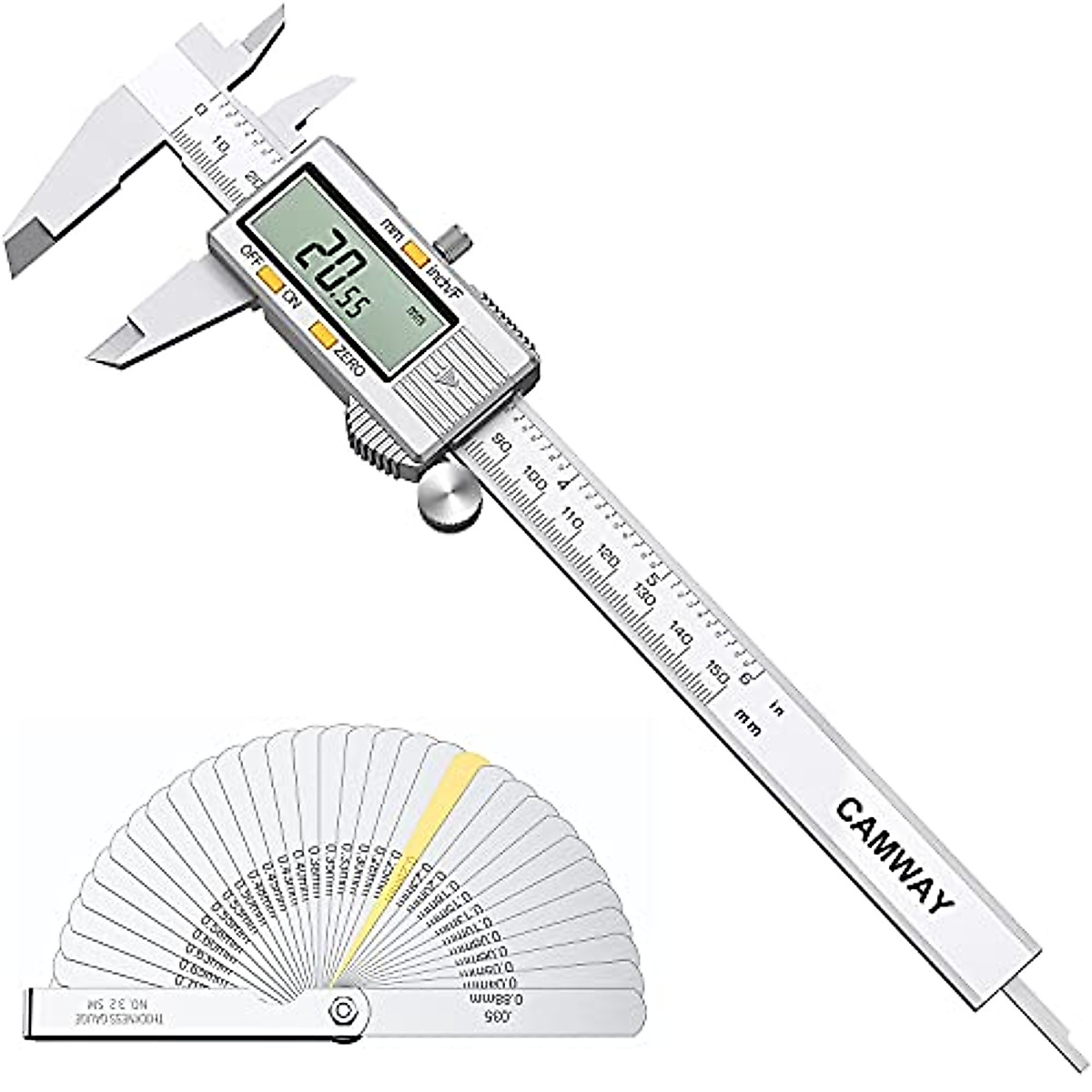 CAMWAY Digital Caliper 6Inch + Feeler Gauge Stainless Steel Electronic Vernier Caliper 150mm, Fractions/Inch/Metric Measuring Tool for Length Width Depth Inner Diameter Outer Diameter