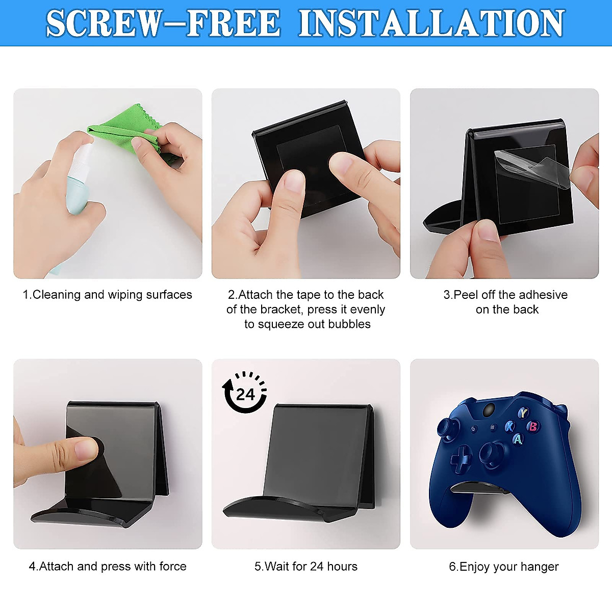MWOOT Game Controller Holder Wall Mount (2 Pack) for Xbox One/ PS4/ PS5/ Switch/Steam/PC, Gamepad Headphone Stand Holder, Screw-Free, Stick on, Universal Controller Accessories (Black)