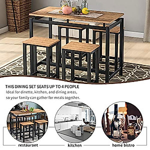 DKLGG 5-Piece Dining Table Set for 4, Modern Kitchen Counter Height Table Set with 4 Stools, Wood Pub Table Bar Table Set, Dining Room Table Set Bar Table and Chairs for Small Space (Brown)