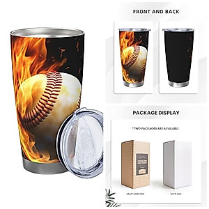 Fire Baseball Tumbler with Lid and Straw 20oz Stainless Steel Car Cup for Hot and Cold Drinks, Double Wall Insulated Travel Coffee Mug Reusable Drink Thermos Cup Birthday Gifts