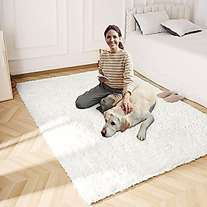Wellber Modern Soft Cream White Shaggy Rugs Fluffy Home Decorative Carpets, 5x8 Feet, Rectangle Durable Plush Fuzzy Area Rugs for Living Room Bedroom Dorm Kids Room Nursery Indoor Floor Accent Rugs