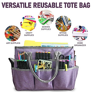 Cupohus Art Organizer Craft Storage Tote Bag with Pockets and Handles, Oxford Fabric Carrying Caddy for Teacher, Officer, Artist, Traveler, and more –Purple