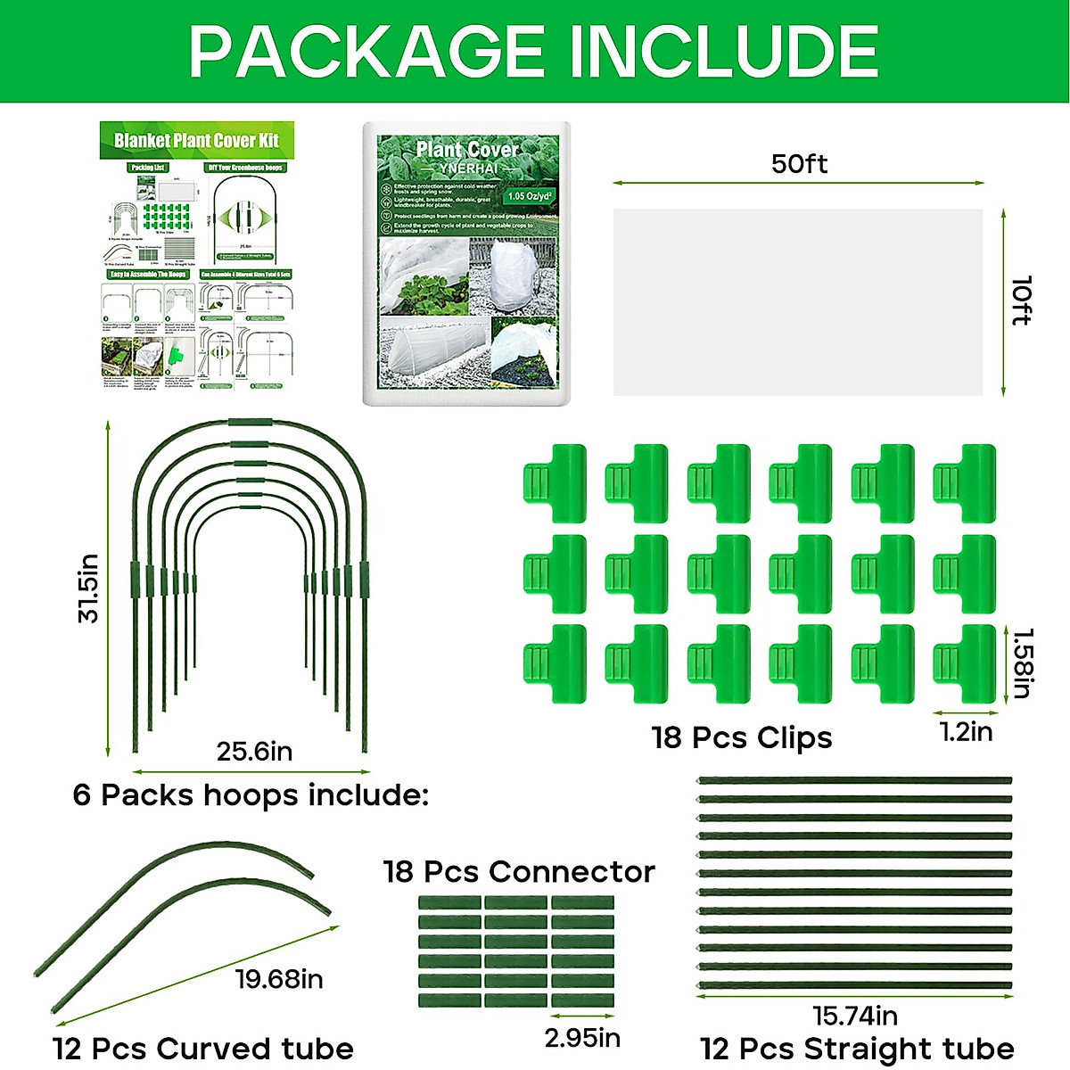 YNERHAI Plant Covers Freeze Protection Kit with 6 Pcs Garden Hoops & Clips, 10 ft x 50 ft Garden Frost Cloth Plant Covers for Winter Protection, Floating Row Cover Frost Blankets (1.05 Oz/yd²)