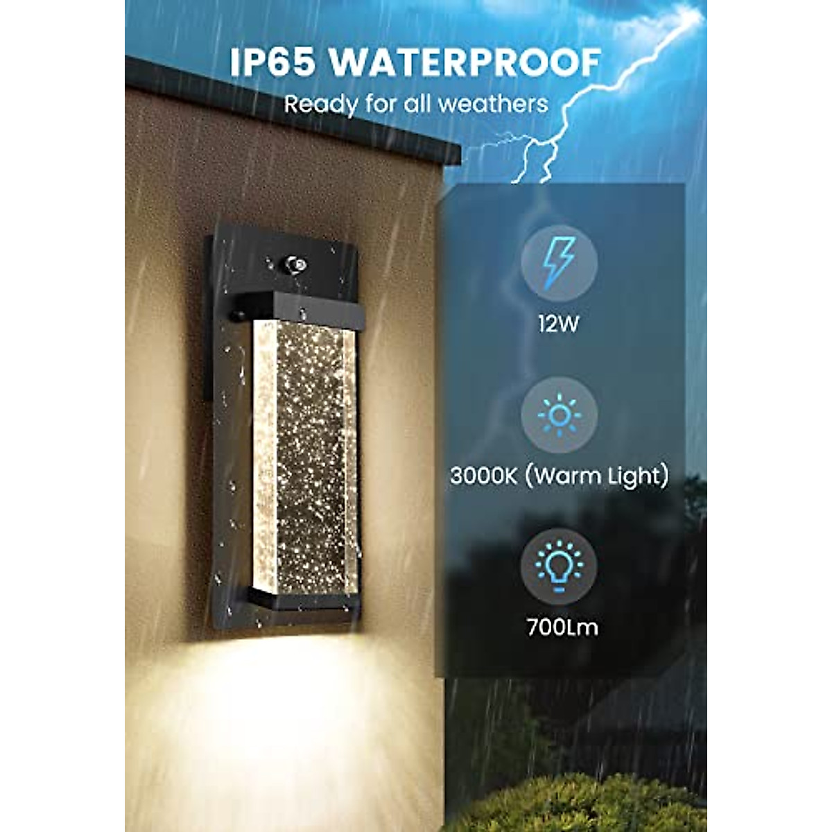 Dusk to Dawn Outdoor Wall Lights Fixture Exterior Porch Lights LED Wall Sconce with Crystal Glass, Waterproof Outdoor Lights for House with Photocell Sensor 12W, 3000K for Garage, Patio(2 Pack)