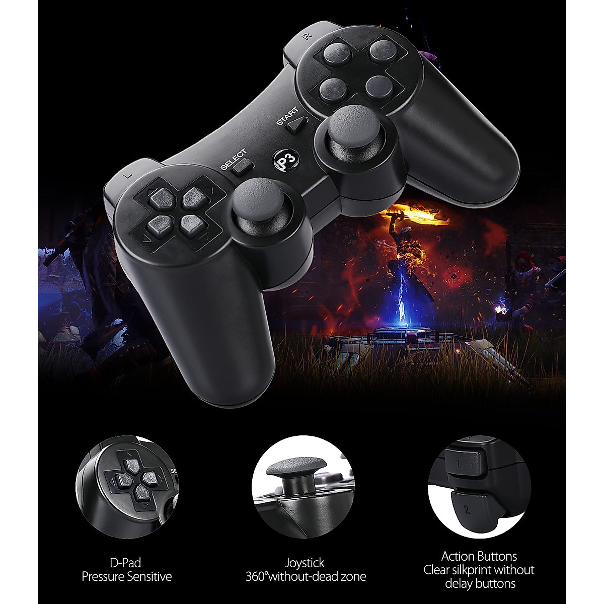 YCCTEAM Wireless Controller Compatible with PS3, Controller Replacement for PS3 with Upgraded High-Precision Joystick, Wireless Remote Gamepad with Charger Cable (Black)