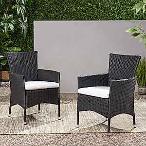 Christopher Knight Home Malta Outdoor Wicker Dining Chairs with Water Resistant Cushions, 2-Pcs Set, Black / White / Black