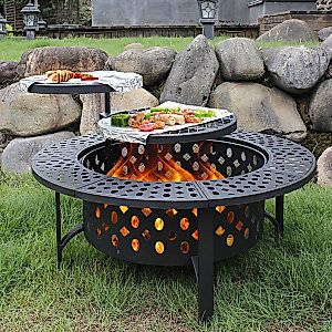 OutVue 36 Inch Fire Pit with 2 Grills, Wood Burning Fire Pits for Outside with Lid, Poker and Round Waterproof Cover, BBQ& Outdoor Firepit & Round Metal Table 3 in 1 for Patio, Picnic, Party