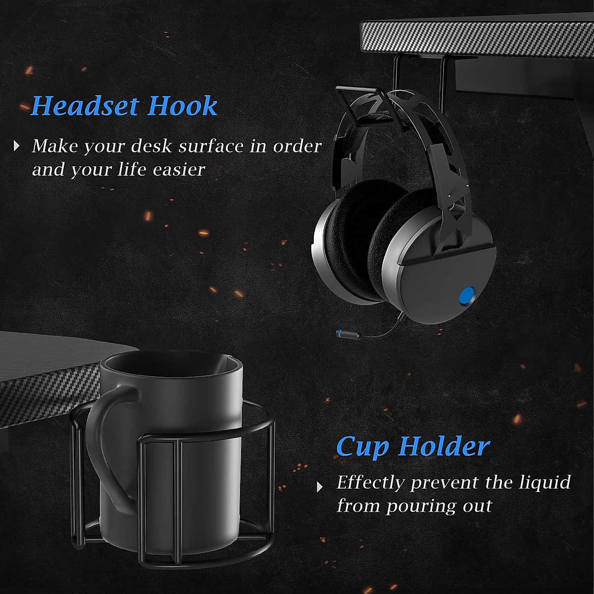 LUCKRACER Gaming Desk,39 Inch Gaming Table,K Shaped Computer Desk with Monitor Stand,Home Office Desk with Hook,CD/Gamepad Holder,Cup Holder and Speaker Holders Blue