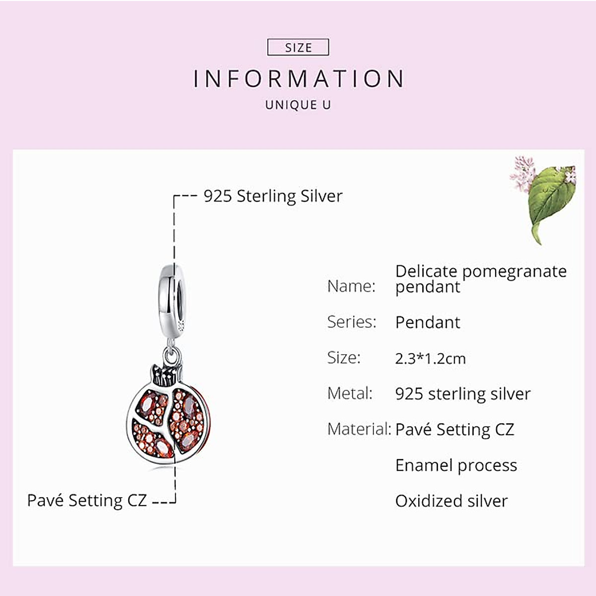 Delicate Pomegranate Pendant Charm 925 Sterling Silver Charm Fits For Pandora Bracelet Necklace