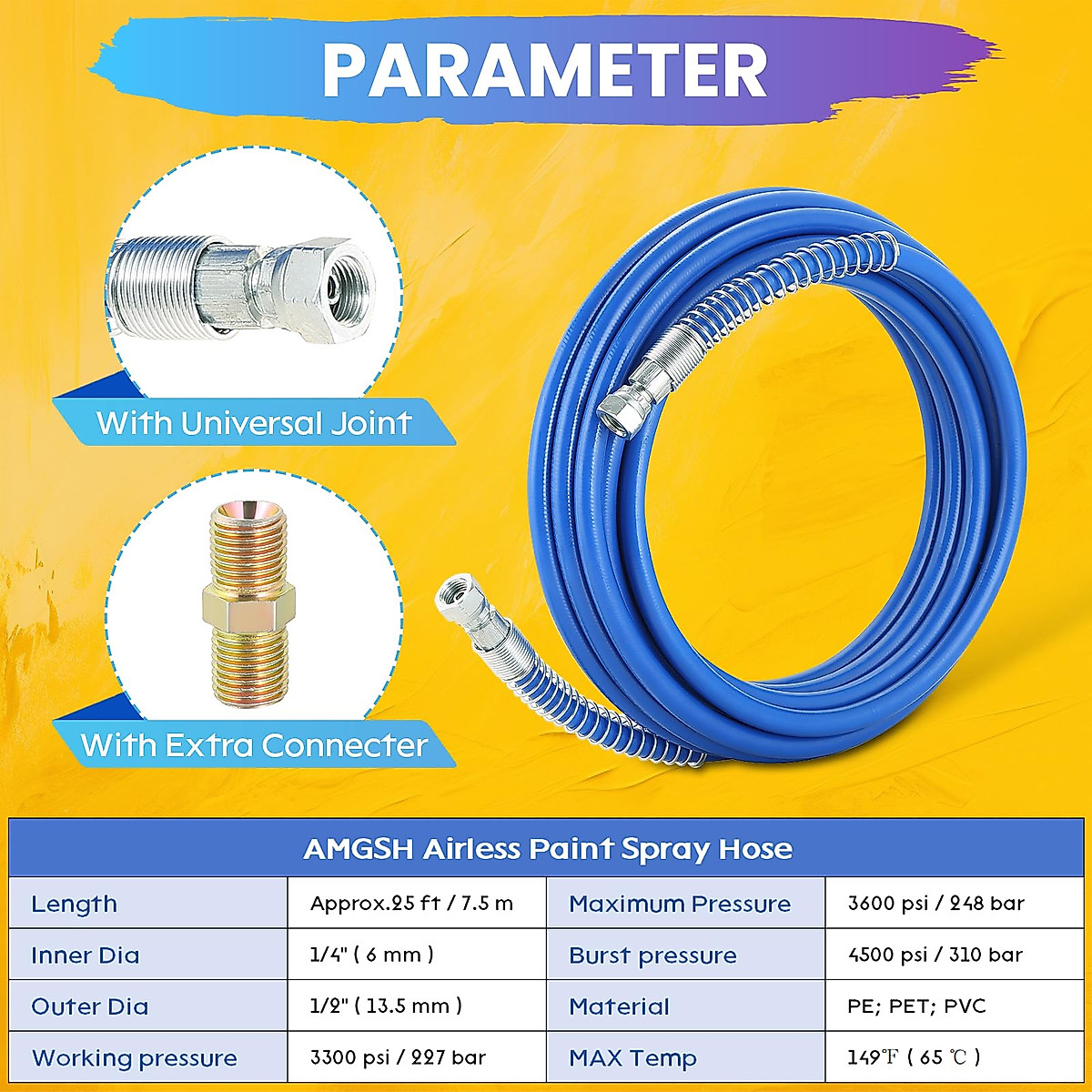 AMGSH Airless Paint Spray Hose, 1/4 in High Pressure Universal Airless Paint Sprayer Hose Flexible Fiber Tube 3300 PSI Flexible Fiber Tube (Blue, 25Ft / 7.5 m)
