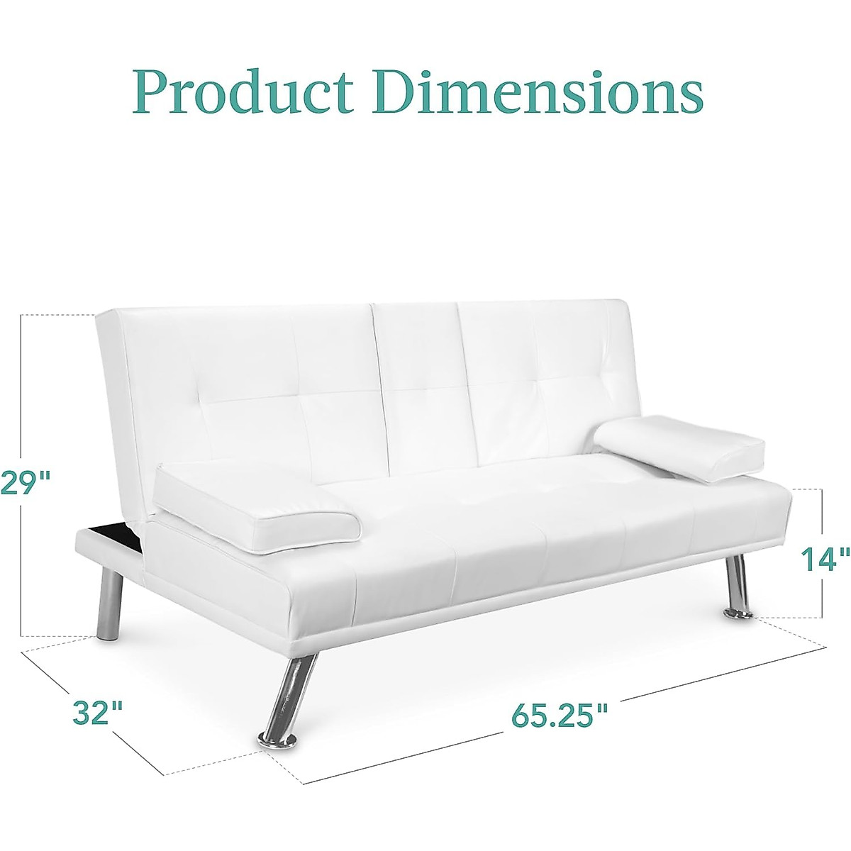 Convertible Folding Futon Sofa Bed with Metal Legs & 2 Cupholders, Modern Fabric Linen Upholstered Couch Loveseat Sleeper, Folding Couches Bed, Removable Armrests for for Small Spaces (White)