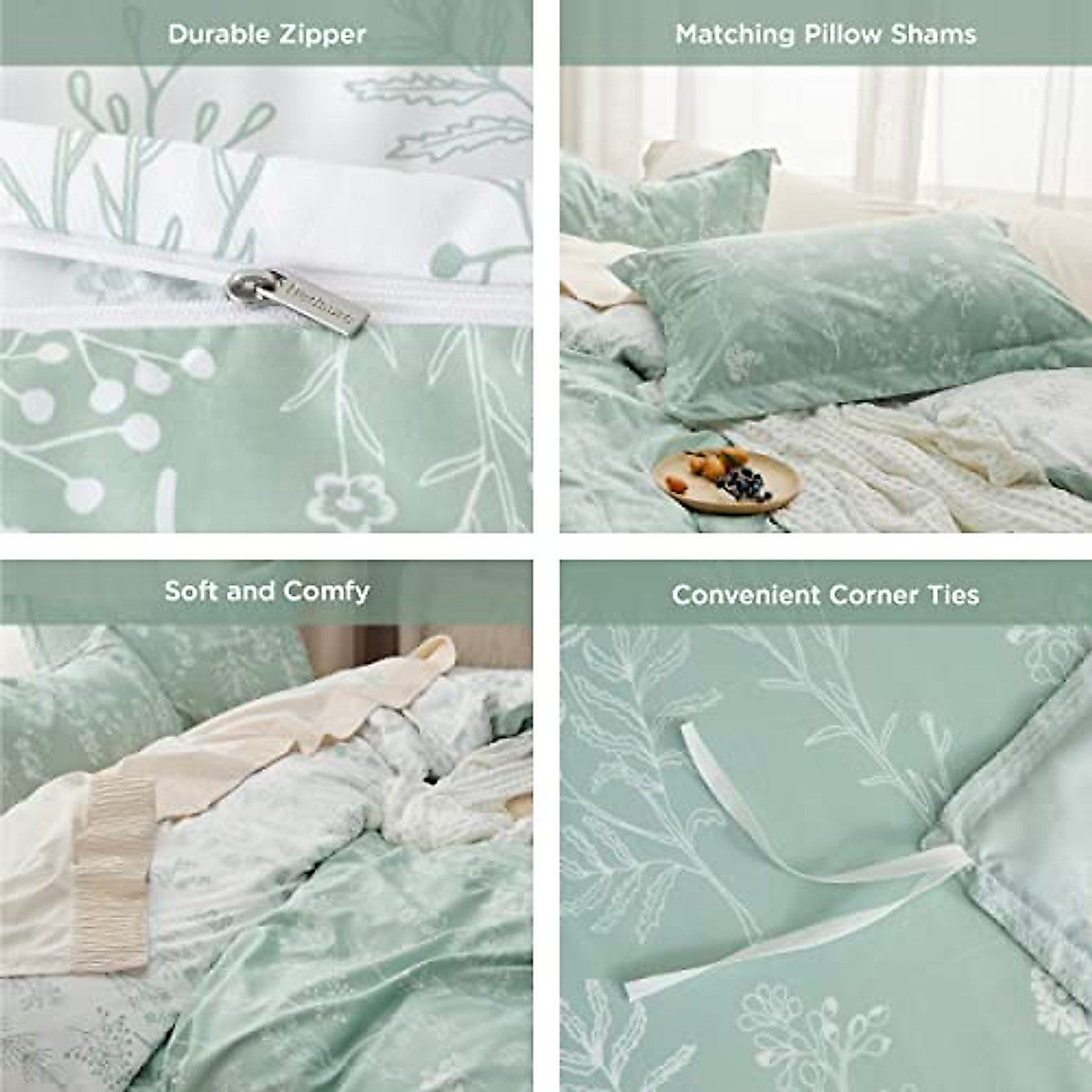 Bedsure Duvet Cover Queen Size - Reversible Floral Duvet Cover Set with Zipper Closure, Green Bedding Set, 3 Pieces, 1 Duvet Cover 90"x90" with 8 Corner Ties and 2 Pillow Shams 20"x26"