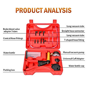 ZJERYL GULL 2 in 1 Brake Bleeder Kit with Hand Vacuum Pump with Gauge Adapters Automotive Brake Fluid Bleeding Set with Protected Case for Car Truck (Red)