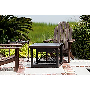 Fire Sense 61331 Fire Pit Cocktail Square Table Wood Burning Steel Mesh Spark Screen Wood Grate Screen Lift Steel Firepit with Log Storage Rack - Hammer Tone Bronze Finish