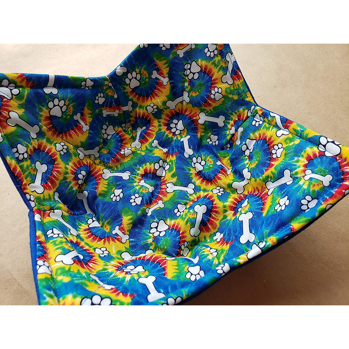 Tie Dye Dog Bone Paw Print Microwave Bowl Cozy Hippie Puppy Reversible Microwaveable Potholder Bowl Buddy BoHo Bohemian Puppy Kitchen Linens Handmade Housewarming Hostess Gifts Under 10