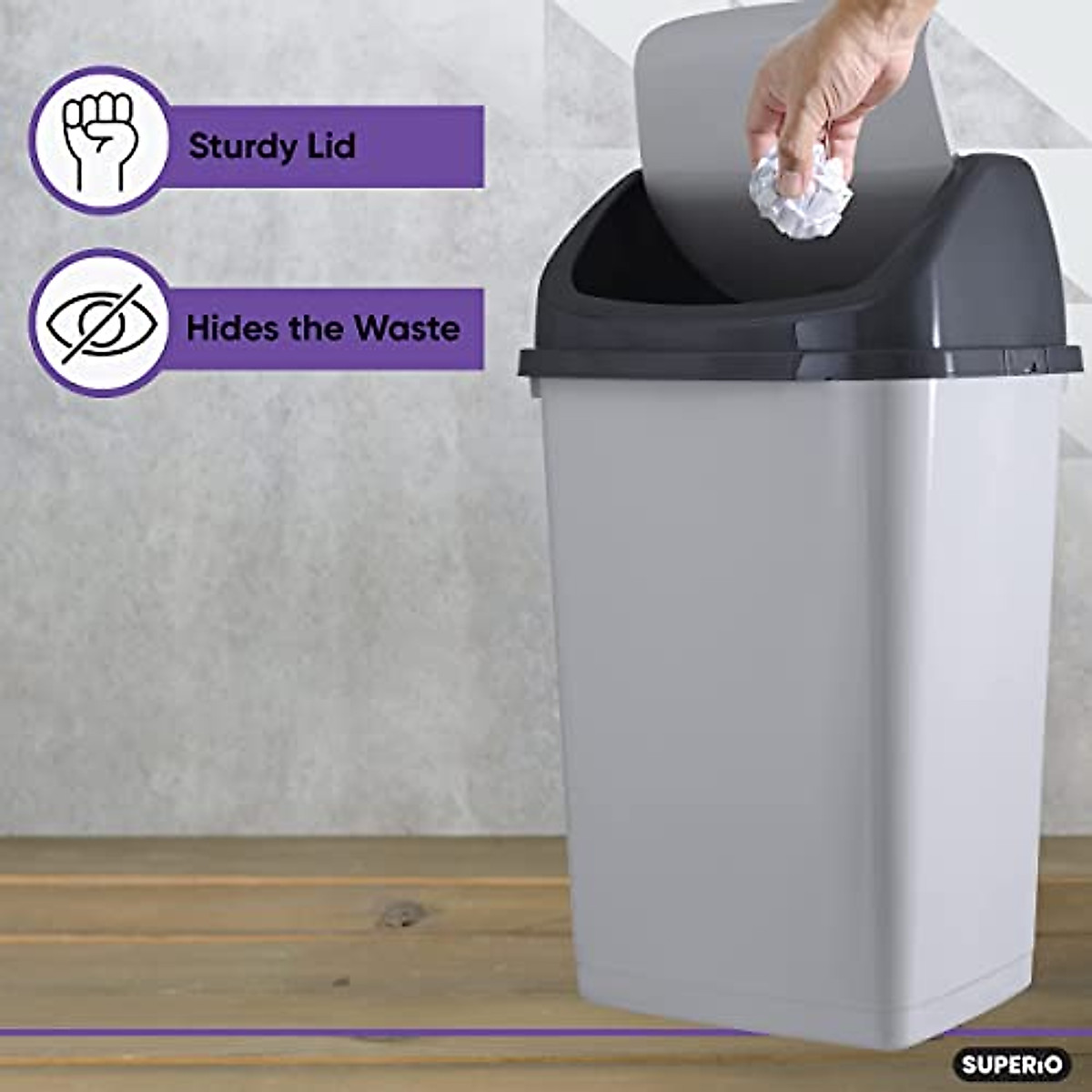 Superio Swing Top Trash Can, Waste Bin for Home, Kitchen, Office, Bedroom, Bathroom, Ideal for Large and Small Spaces - White Smoke (4 Pack- 2.5 Gal, 9 Gal, 13 Gal)