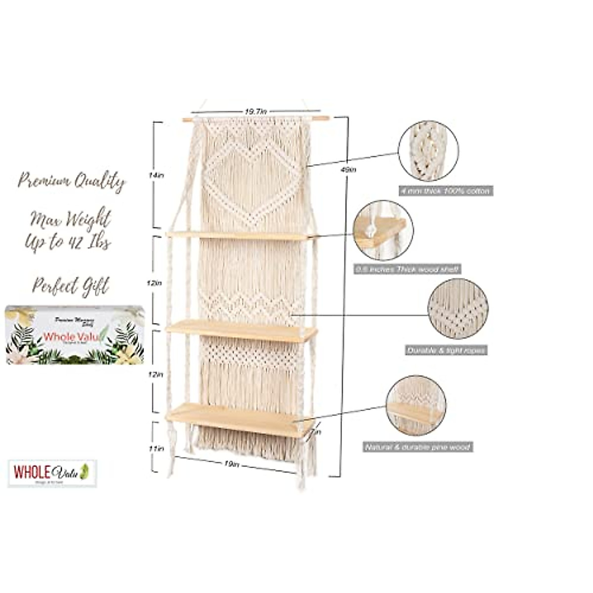 Macrame Wall Hanging Shelf-ideal décor-plants storage bookshelf-Bohemian Decorative Shelves-Boho Floating Indoor Shelving–For bedroom kitchen bathroom room with window Plant hanger 3 Tier Heart