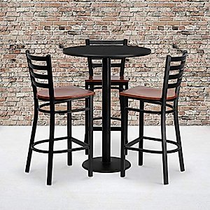 Flash Furniture Clark 30'' Round Black Laminate Table Set with 3 Ladder Back Metal Barstools - Cherry Wood Seat