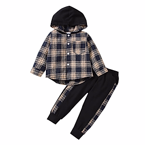 FOCUTEBB Boys 3T Clothes Boy Toddler Clothes for Boys Fall Winter Outfits Flannel Lattice Button Down Long Sleeve Plaid Shirt Hoodied Tops + Pants Sets Toddler Boys Winter Clothes Yellow 3-4T