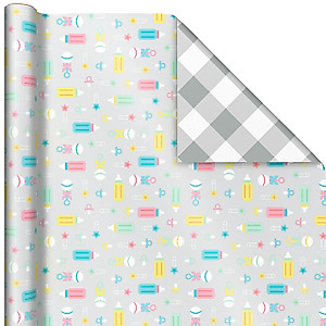 Hallmark All Occasion Reversible Wrapping Paper Bundle - Baby (3 Rolls - 75 sq. ft. ttl) Clouds, ABCs, Bottles, Polka Dots, Solid Blue, Gray Gingham