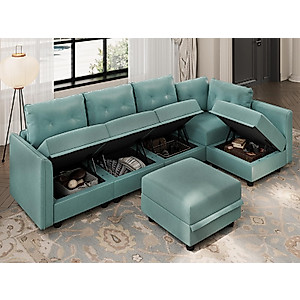 LLappuil Modular Sectional Sofa, Convertible L Shaped Sectional Couch with Storage, Faux Leather Fabric, Modular Sectionals with Chaise, 5 Seats with Ottoman Sofas for Living Room, Aqua Blue