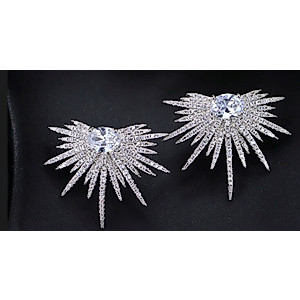 Silver Tone Art Deco Antique Vintage Retro Style Clear Rhinestone Bridal Bridesmaid Wedding Prom Starburst Earrings