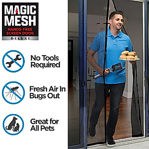 Magic Mesh Deluxe- Black- Hands Free Magnetic Screen Door, Mesh Curtain Keeps Bugs Out, Frame Hook & Loop, Hands Free, Pet & Kid Friendly- Fits Doors up to 39 x 83 Inches