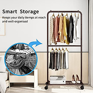 Simple Trending-Double Rod Clothing Garment Rack, Rolling Clothes Organizer on Wheels for Hanging Clothes, Bronze