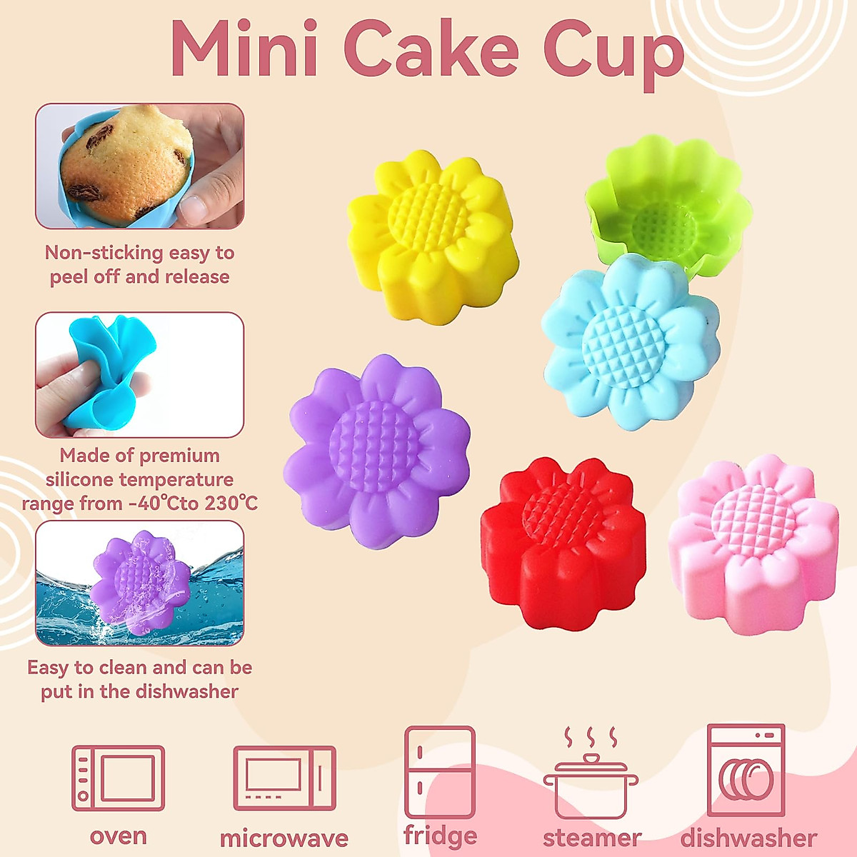 Silicone Cupcake Molds, 24Pcs Mini Flower Shape Silicone Baking Cups Cupcake Liners Reusable Muffin Cup Cake Pan for Cake Chocolate