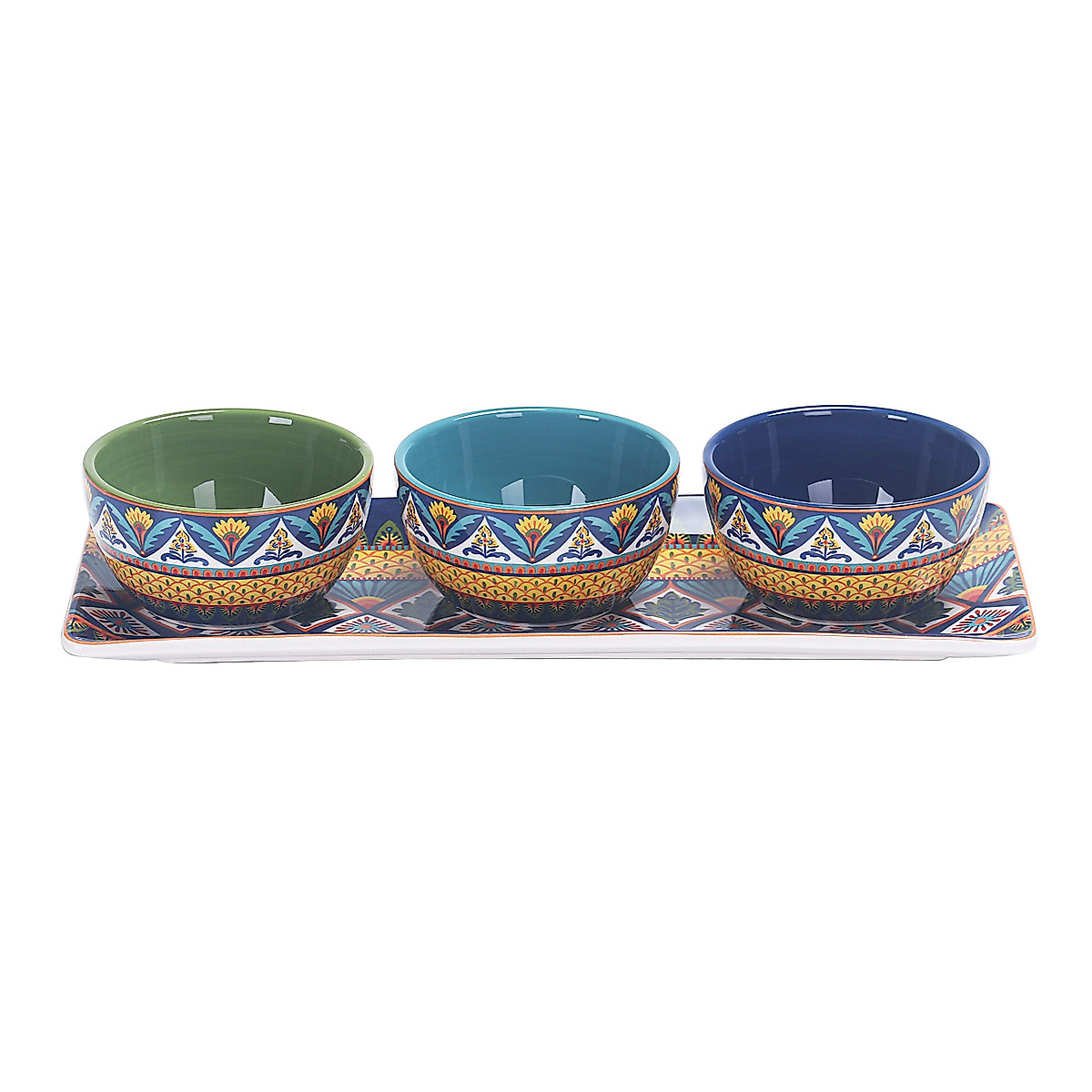 Bico Havana Ceramic Dipping Bowl Set (9oz bowls with 14 inch platter), for Sauce, Nachos, Snacks, Microwave & Dishwasher Safe