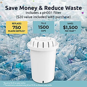 pH Recharge Glass Alkaline ountertop Water Filter Purifier – Large Alkaline Water Pitcher + PH001 3-Pack Alkaline Water Filter – Plus 1 PH002 UF Membrane Filter Bundle