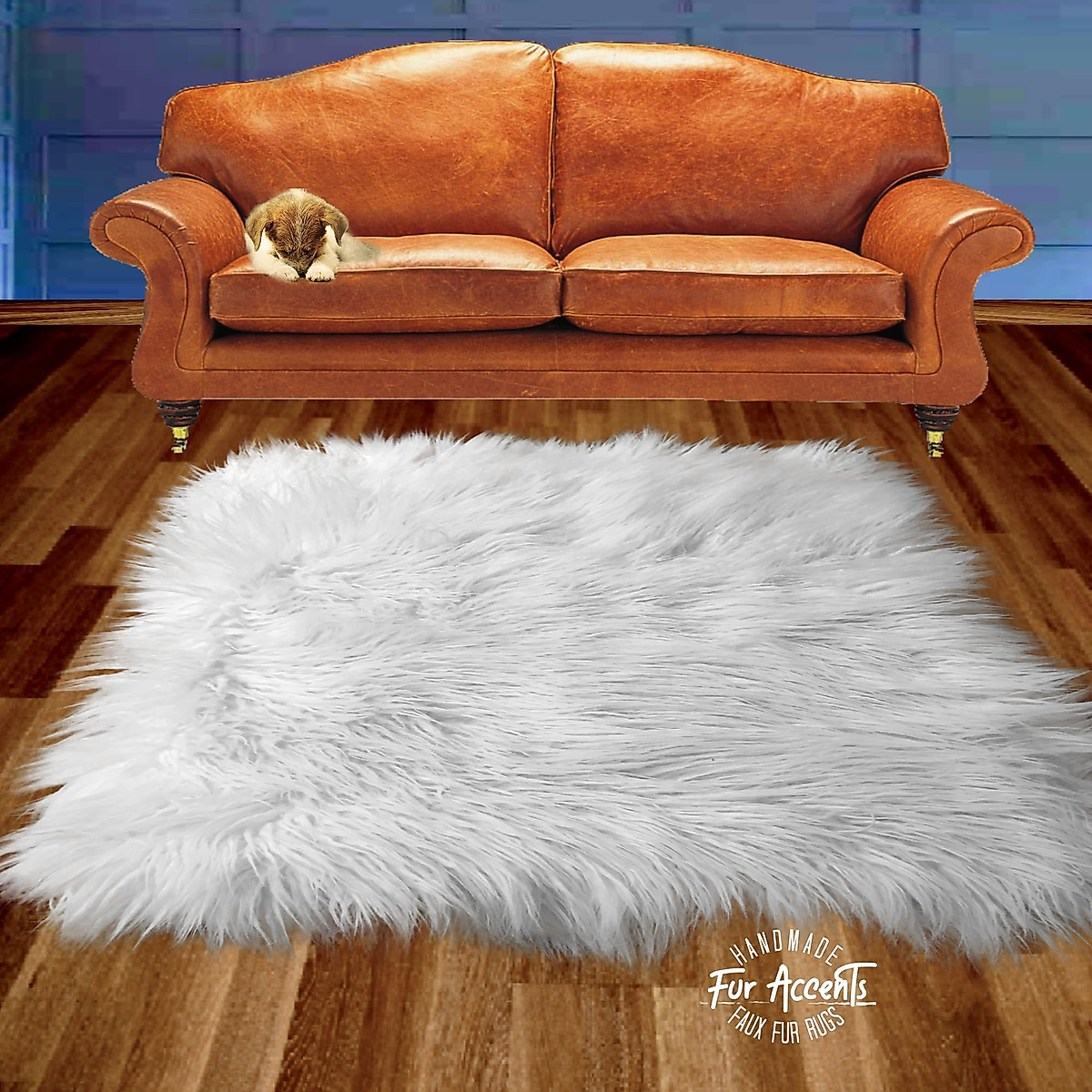 Fur Accents Luxury, Icelandic Sheepskin, Faux Fur Rectangle Area Rug - Natural Look and Feel - Long Hair Shag - Pelt Rug - Designer Art Rugs Handmade to Order USA (5'x6', White)
